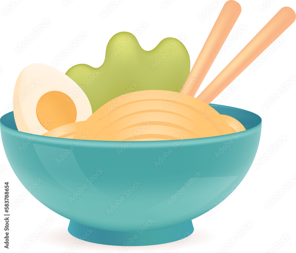 Tasty ramen in blue bowl 3D illustration. Cartoon drawing of delicious ...