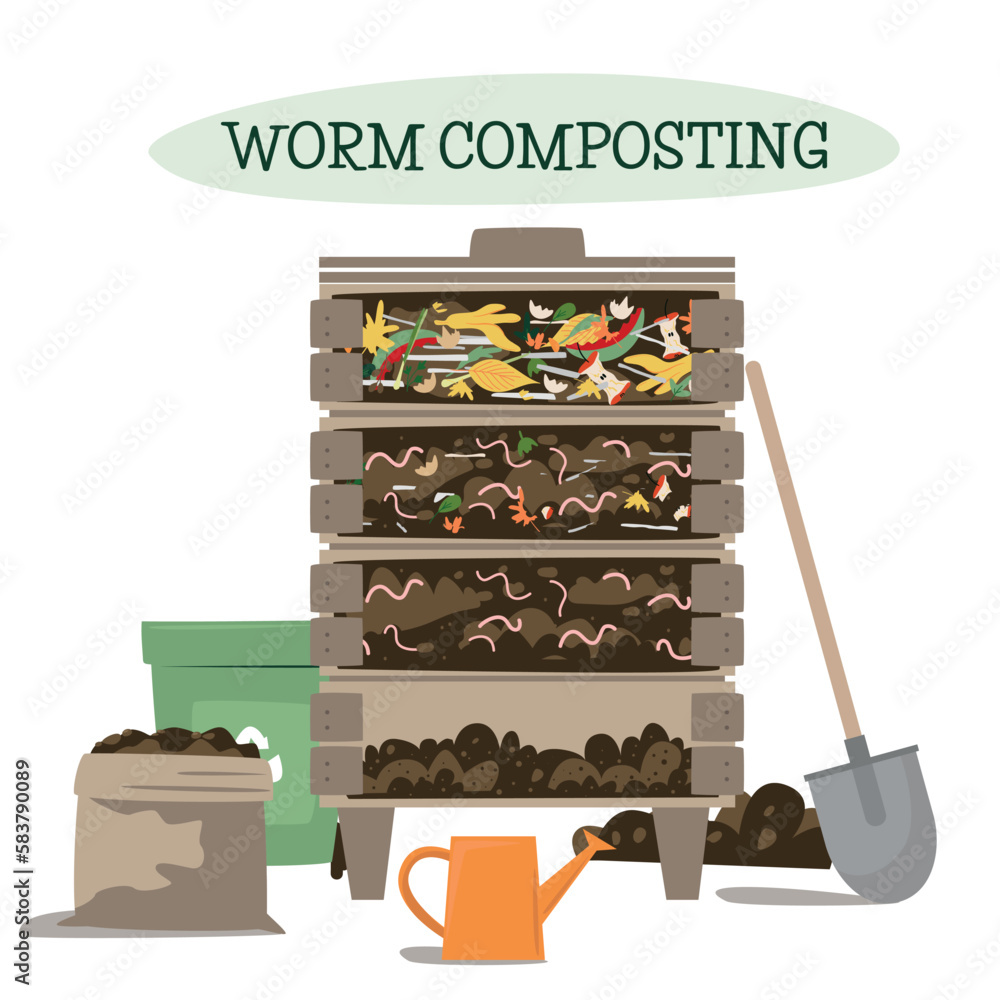 Components of vermicomposter. Vermicomposter schematic design. Worm ...