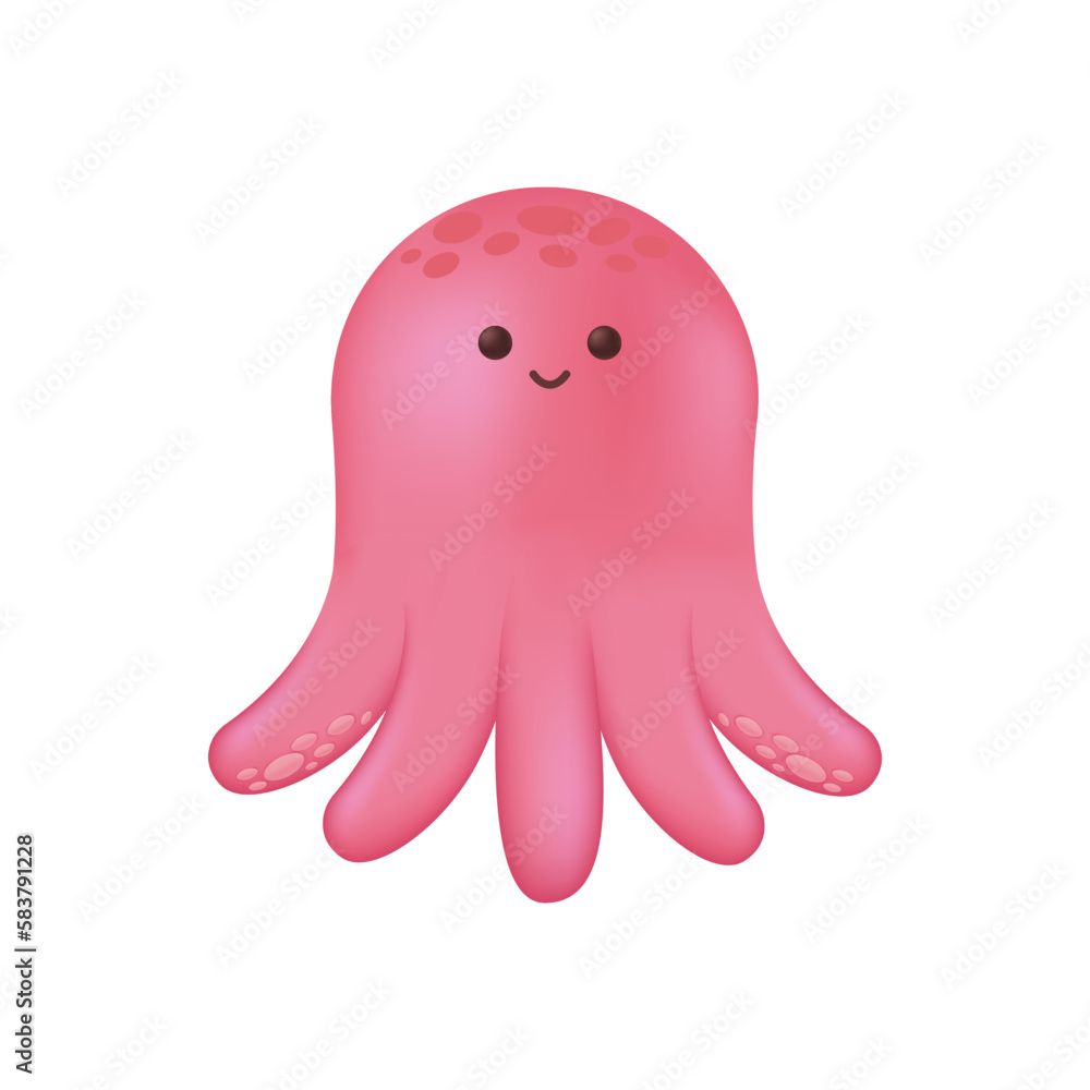 Smiling pink octopus character as kids toy 3D illustration. Cartoon ...