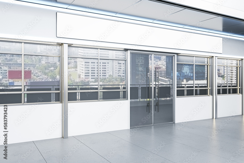 Modern storefront with empty white wide mock up banner and city window ...