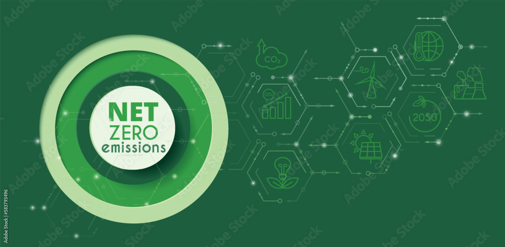 Net zero and carbon neutral concept. Hexagon banner on green background ...