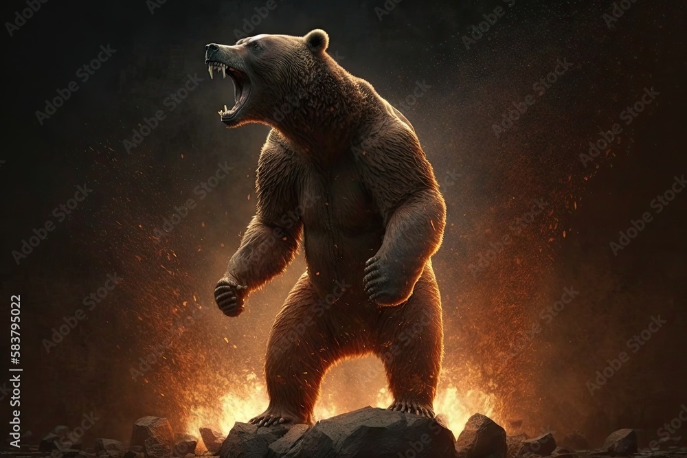 bear on its hind legs, roaring and swatting at the flames, created with ...