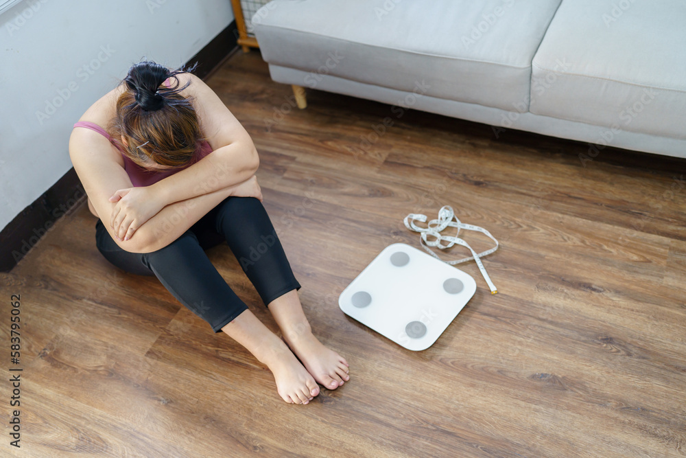 Obese Woman with fat upset about her belly. Overweight woman touching ...