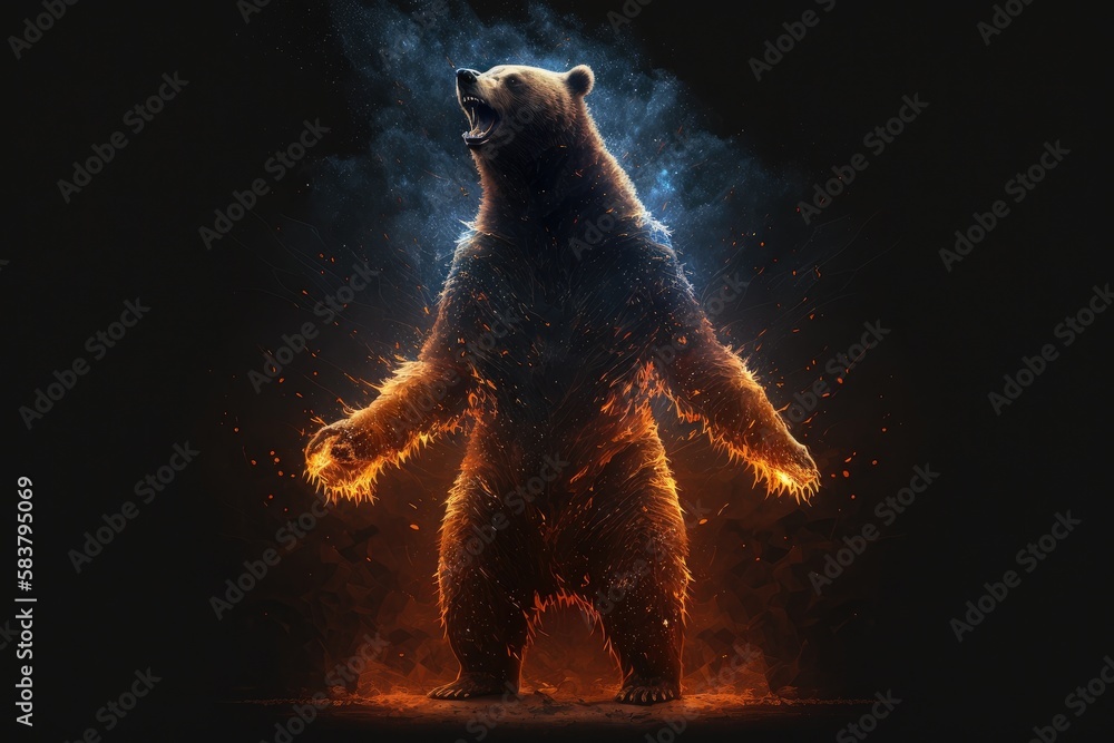 bear on its hind legs, roaring and swatting at the flames, created with ...