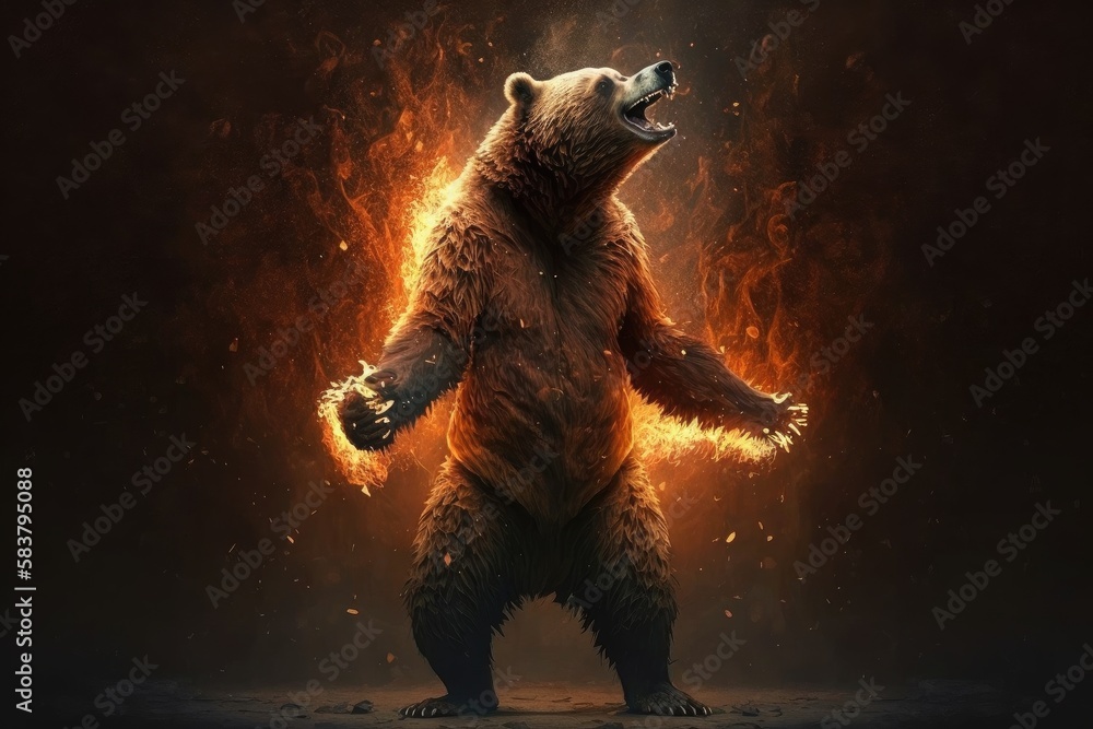 bear on its hind legs, roaring and swatting at the flames, created with ...