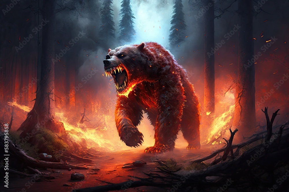 red bear, roaring and charging through burning forest, defending its ...