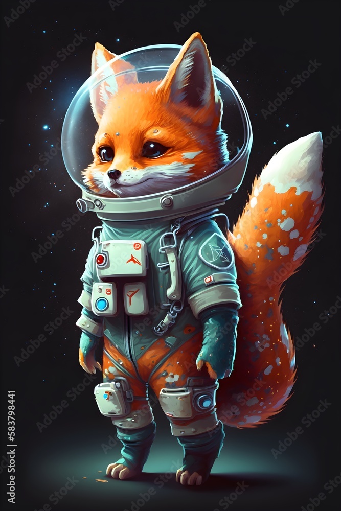 portrait of a fox in space suit, astronaut animal, outer space over the ...