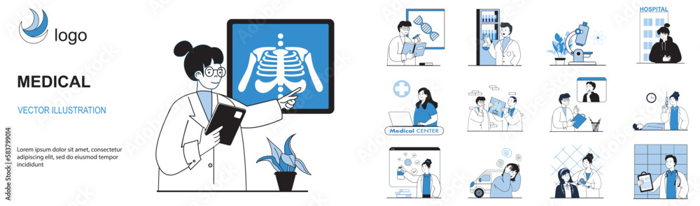 Medical concept with character situations collection. Bundle of scenes ...