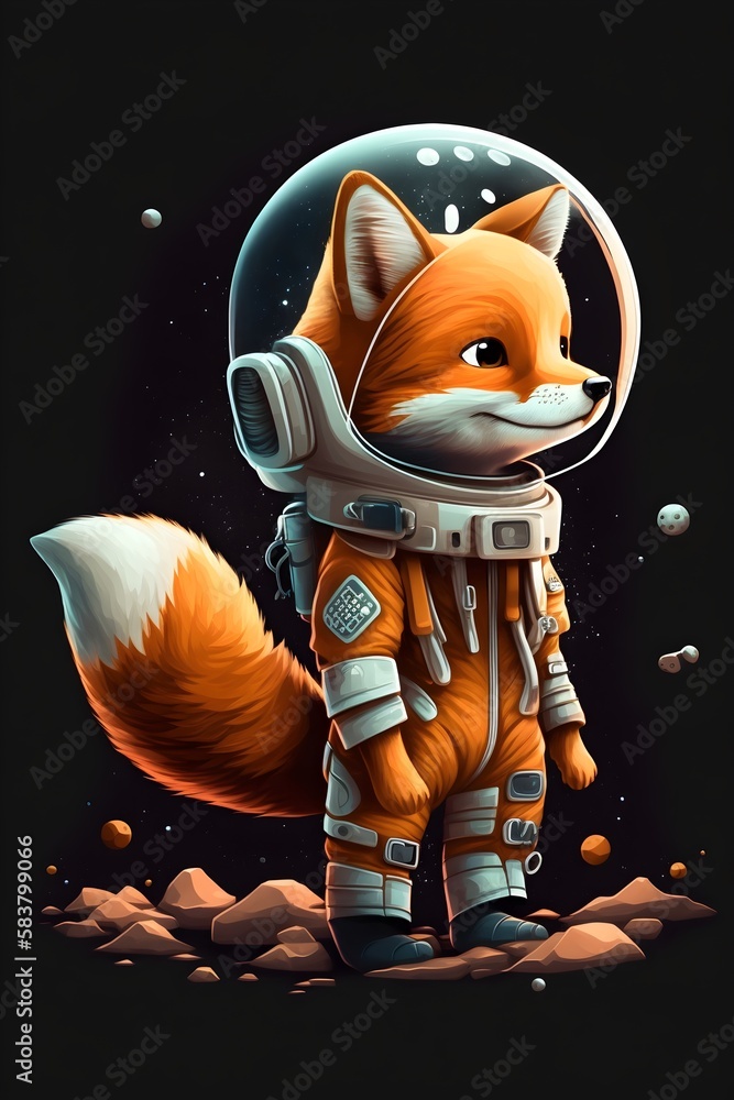 portrait of a fox in space suit, astronaut animal, outer space over the ...
