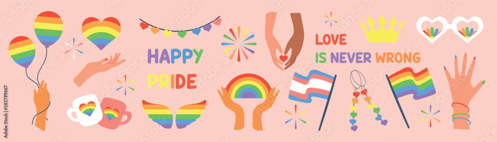 Happy Pride LGBTQ element set. LGBTQ community symbols with floral ...