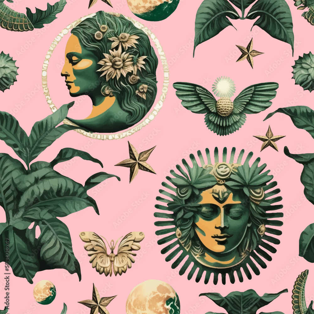 Seamless pattern with baroque damask design, rocco style bird and ...