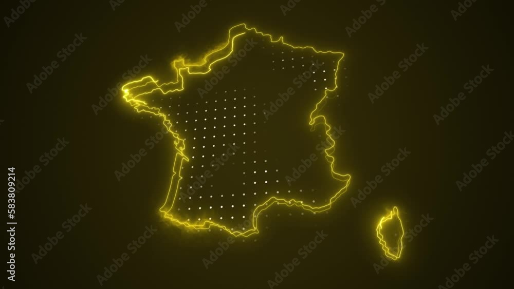 3D Moving Neon Yellow France Map Borders Outline Loop Background. Neon ...