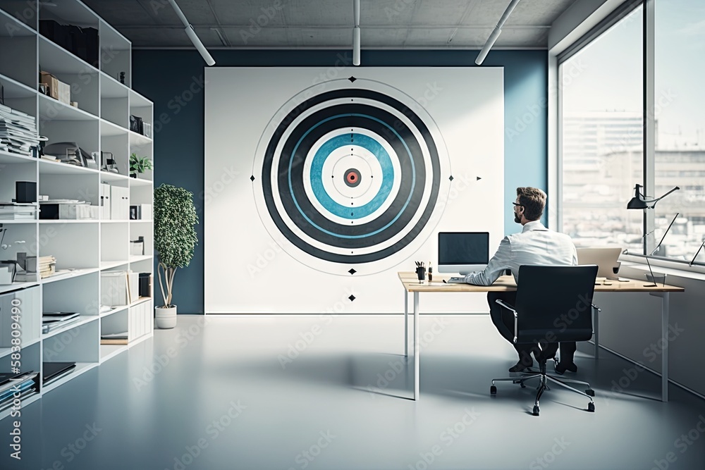 person, shooting bullseye target with rifle, in modern and minimalistic ...