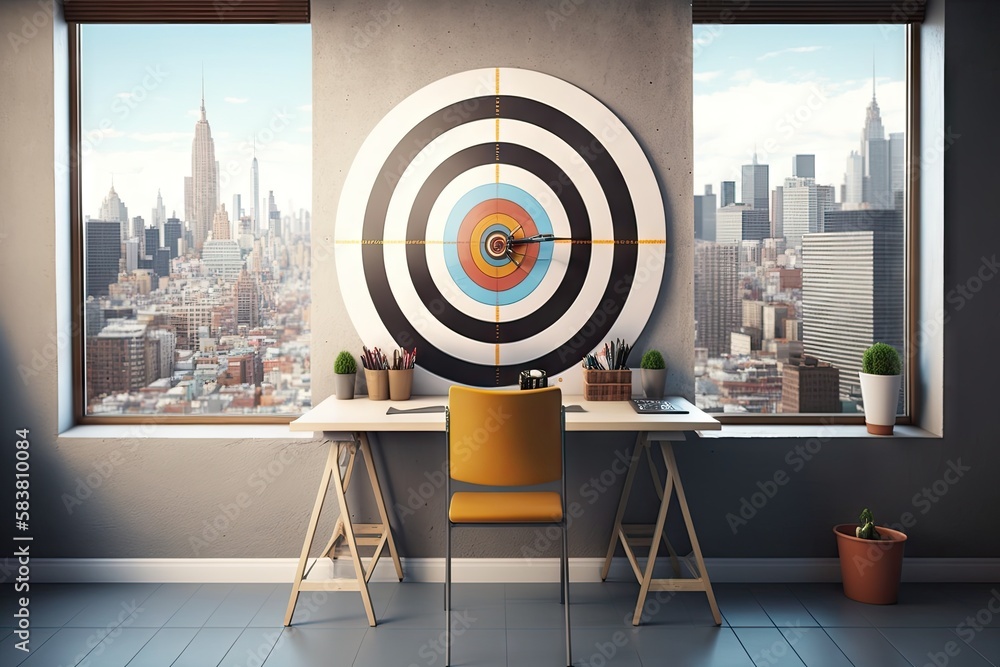 bullseye target on a wall in office, with view of the city skyline ...