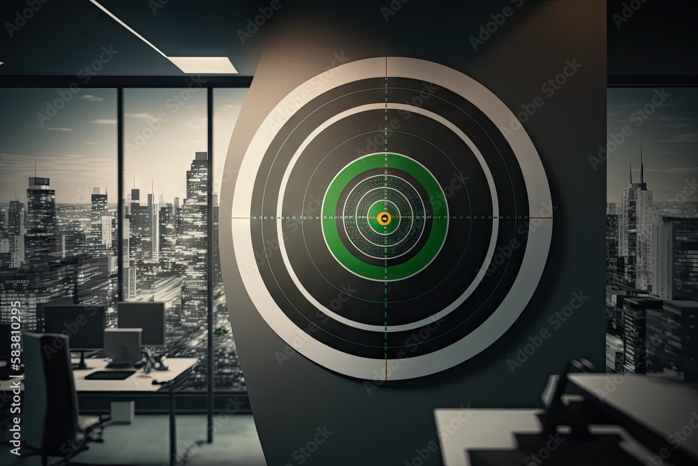 bullseye target on black background, with view of modern office ...