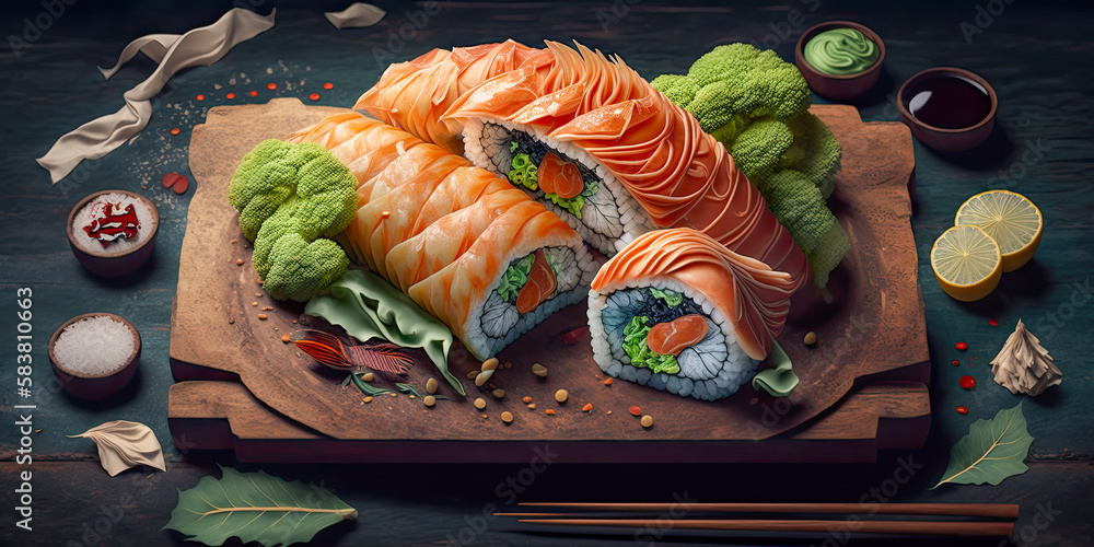 Japanese sushi food. Maki ands rolls with tuna, salmon, shrimp, crab ...