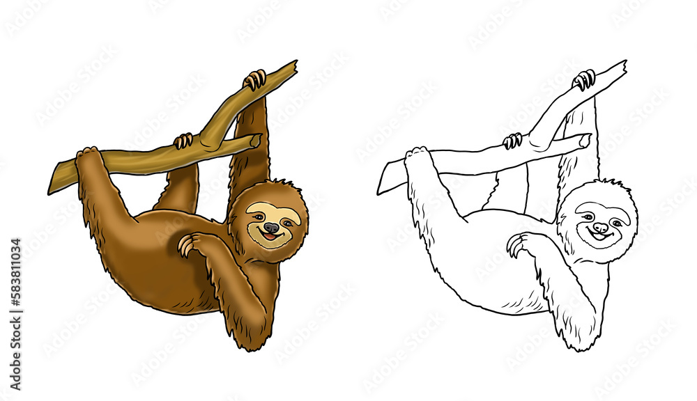 Cute and funny sloth for coloring. Template for a coloring book with ...