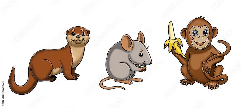 Cute otter, mouse and monkey illustration. Isolated template with funny ...