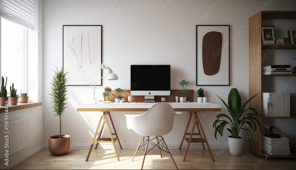 Minimalist workspace interior design with white and wood style ...