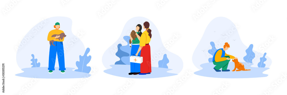 People care about homeless animals concept. Volunteers help the dogs ...