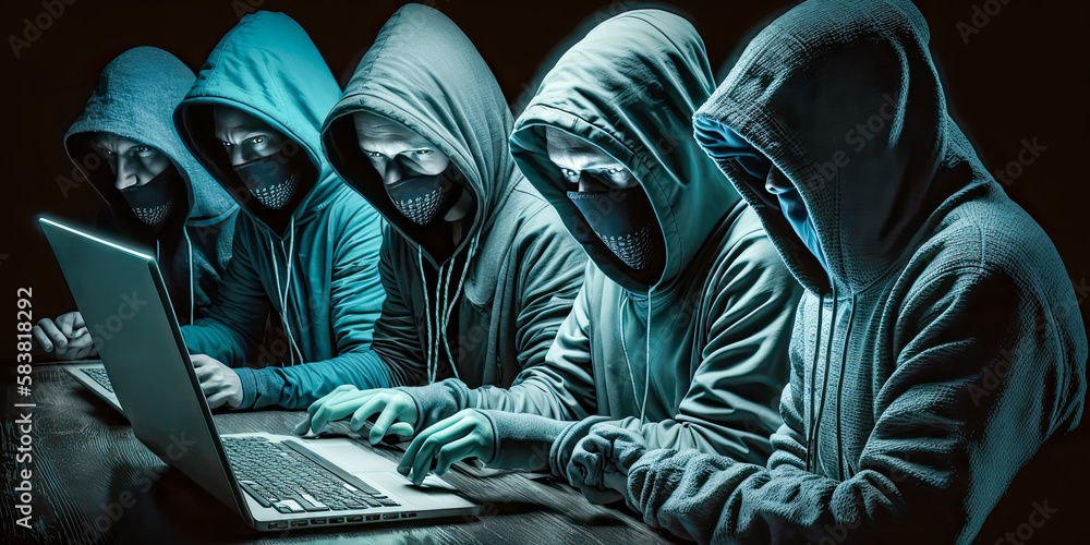 Hackers in a dark room with hoods, busy hacking - Generative AI Stock ...