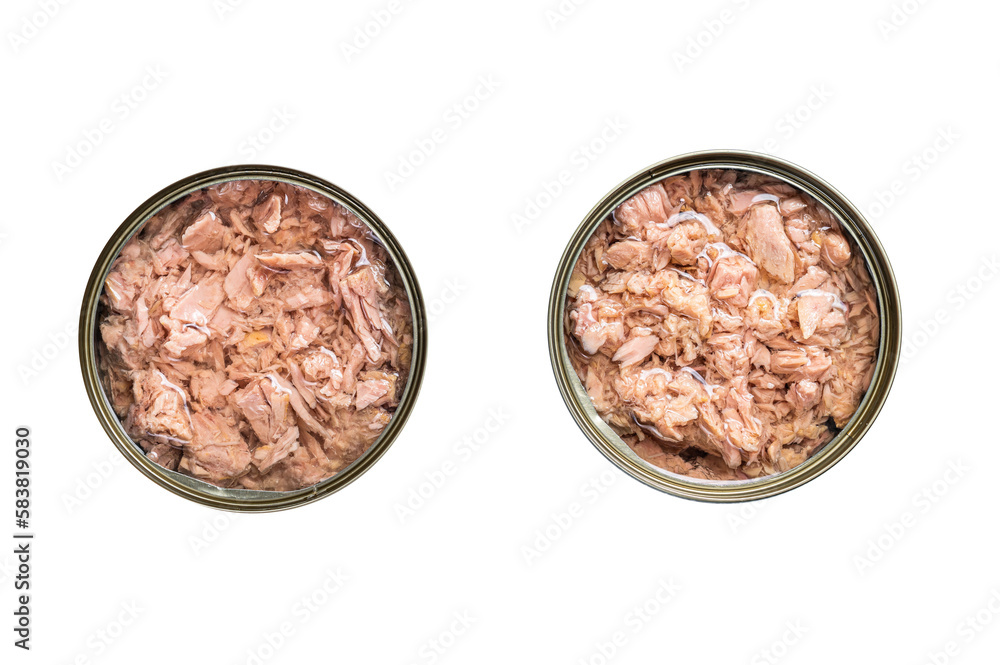 Open tin can with canned tuna fish. Isolated, transparent background ...