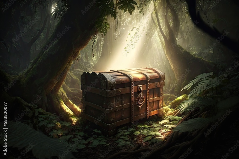 chest in the jungle among tree trunks and light rays, created with ...