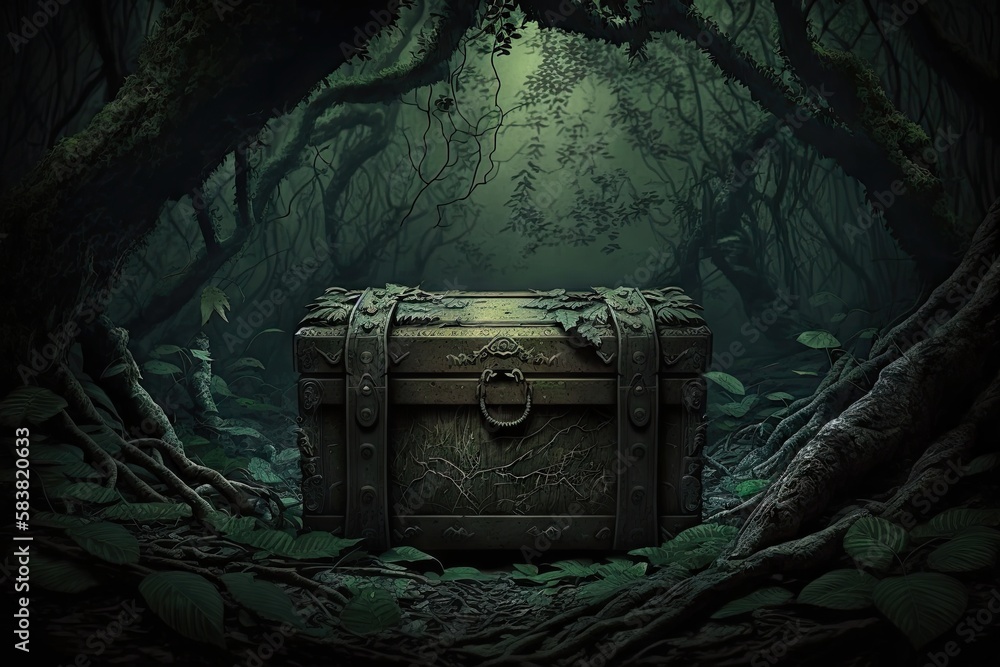 chest lying between branches of trees in dark jungle, created with ...