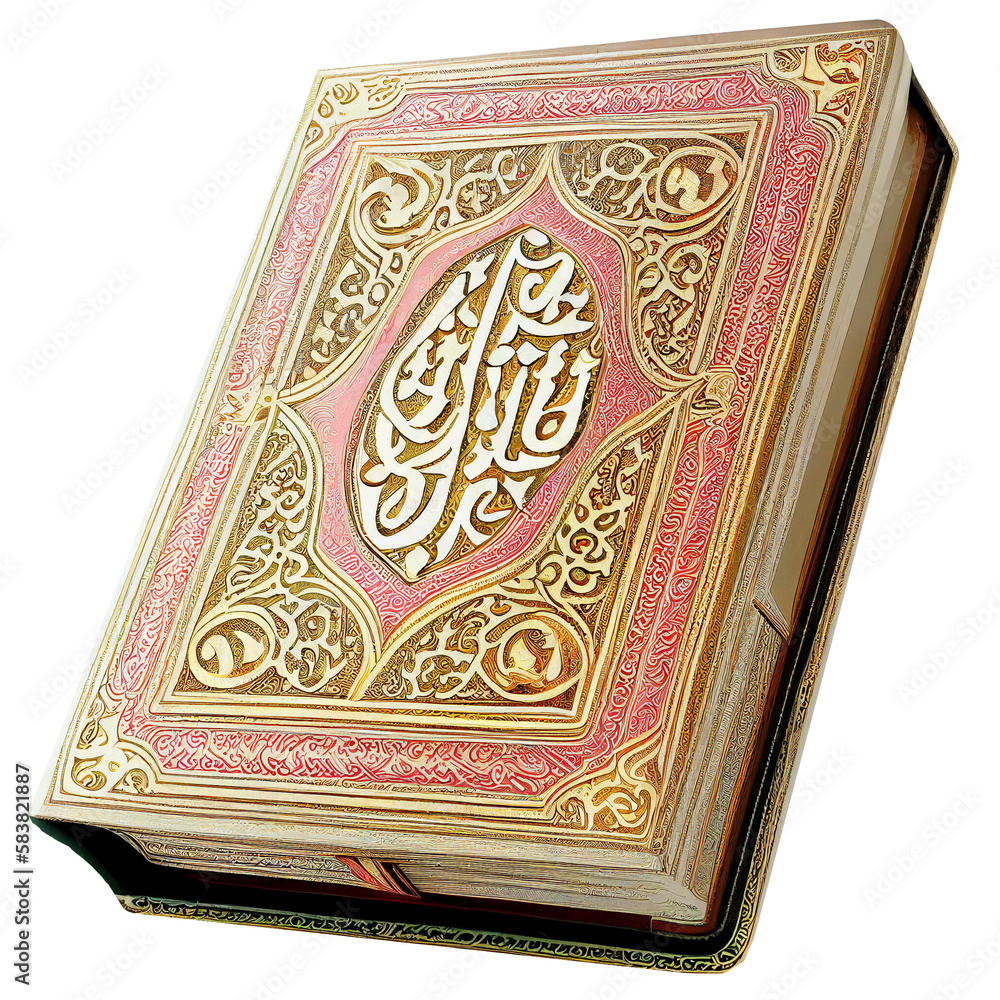 Holy Quran in gold yellow cover on transparent isolated background ...