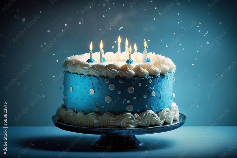 Birthday cake on a blue background, with candles and isolated for ...