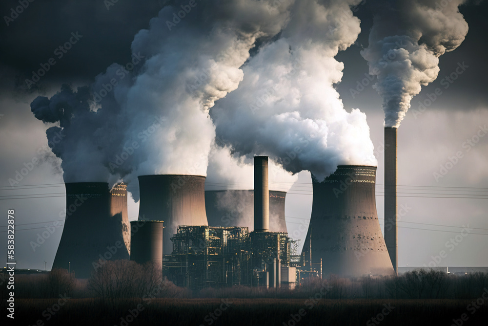 hot water vapor is evacuated by the huge chimneys of a thermal power ...