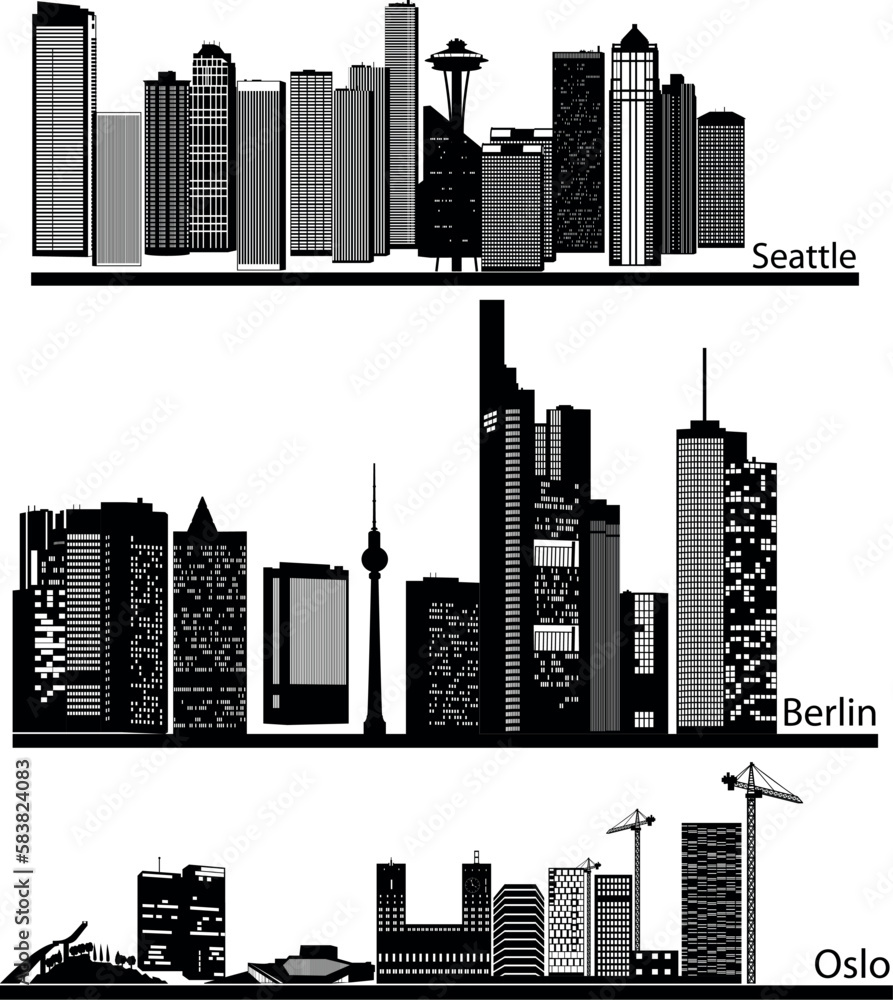 Collection of city skyline vector.Seattle, Berlin, Oslo vector skylines ...