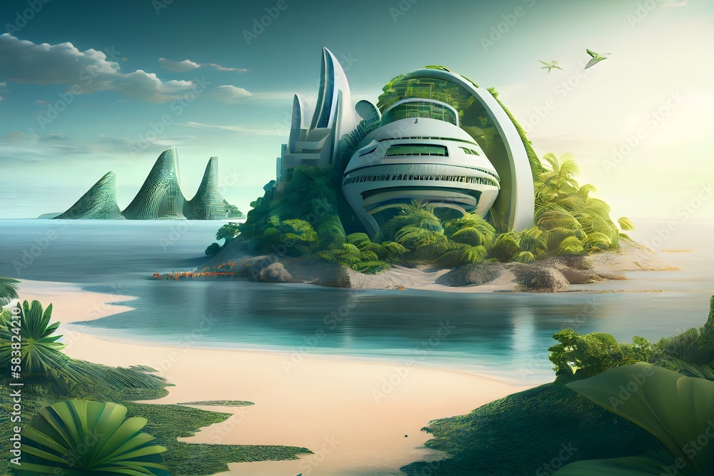 Green Utopia Futuristic Metropolis on the Coast of a Tropical Sea 3D ...