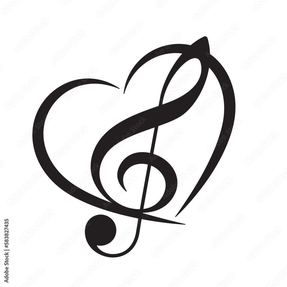 Vector black symbol of heart and treble clef. Isolated on white ...