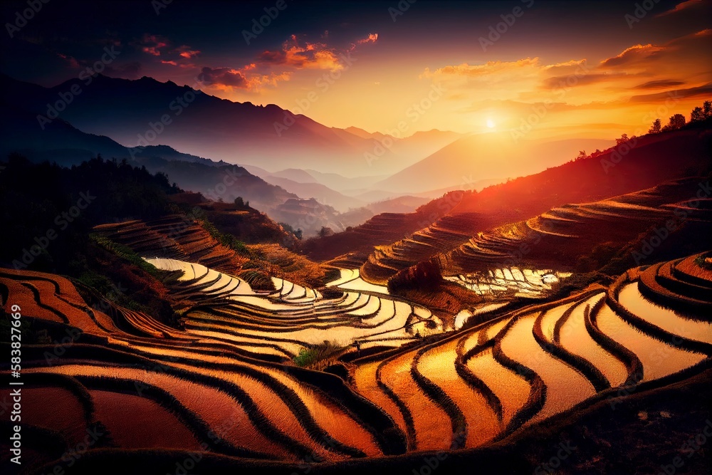 Asian rice field terraces in mountains sunset landscape paddy ...