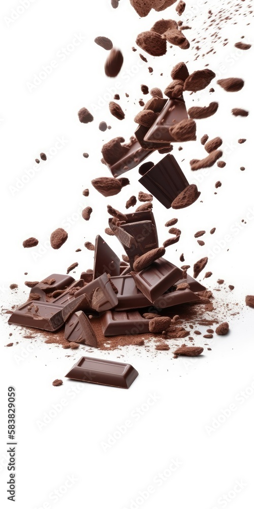 chocolate bar exploded in pieces and splinters pieces on white ...