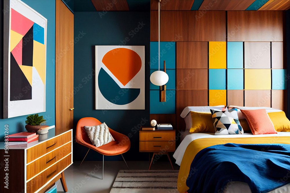 Bedroom with bed. Geometric patterns create stunning accent walls with ...