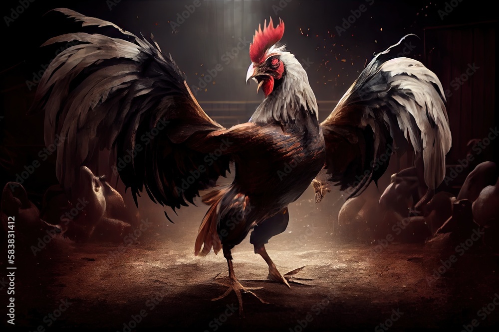fighting rooster with large crest in arena before cockfights, created ...