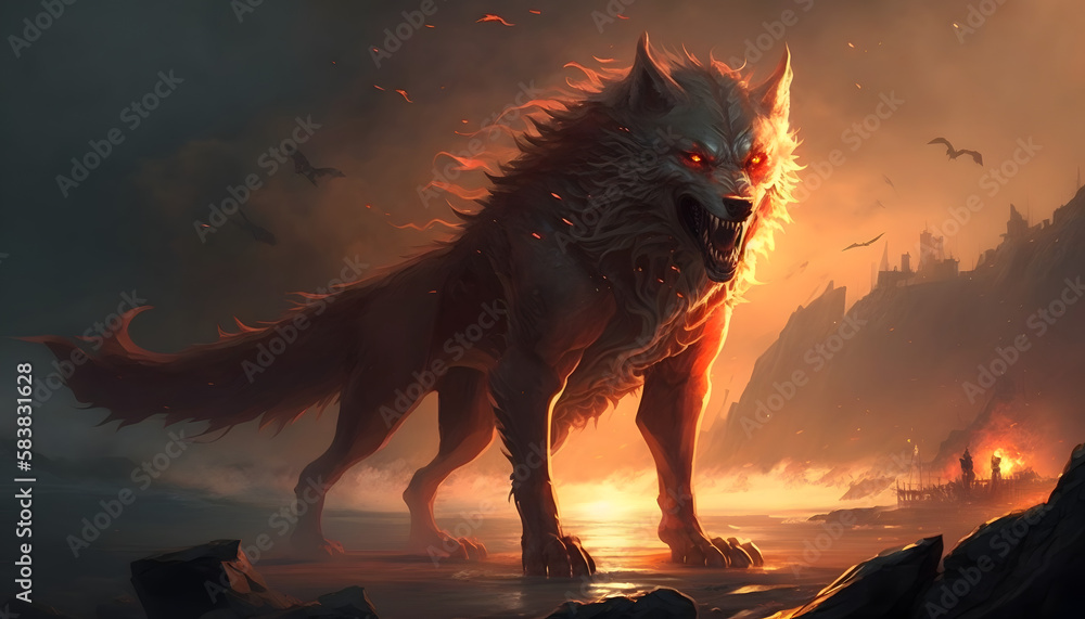 Epic fenrir on fire. Generative AI Stock Illustration | Adobe Stock