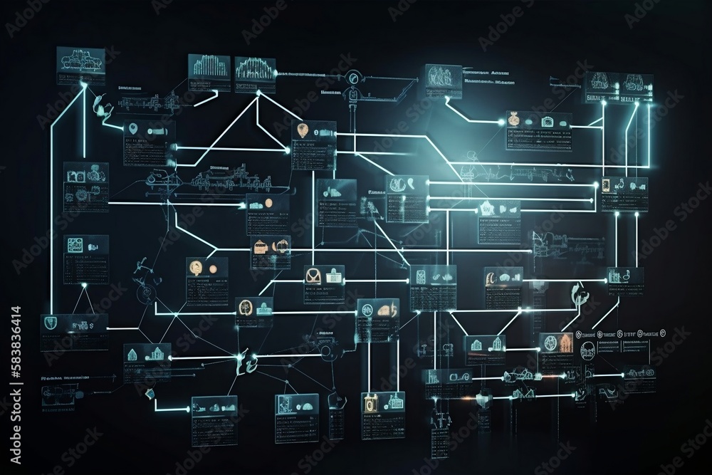 Business process and workflow automation with flowchart. Business hierarchy structure. Virtual ...