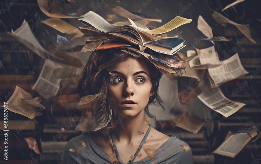 Girl drowning in information overload, information age stress concept ...