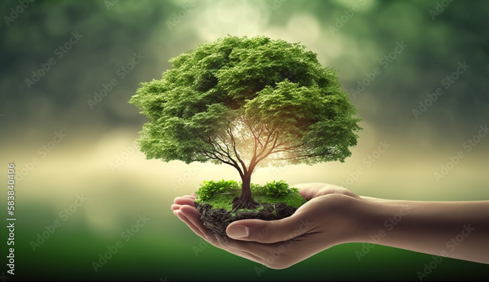 Hand holding tree with blur nature background, world earth day. Stock ...