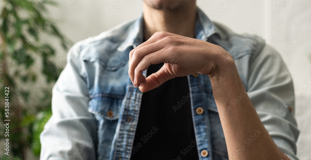 Sign language interpreter man translating a meeting to ASL, American ...