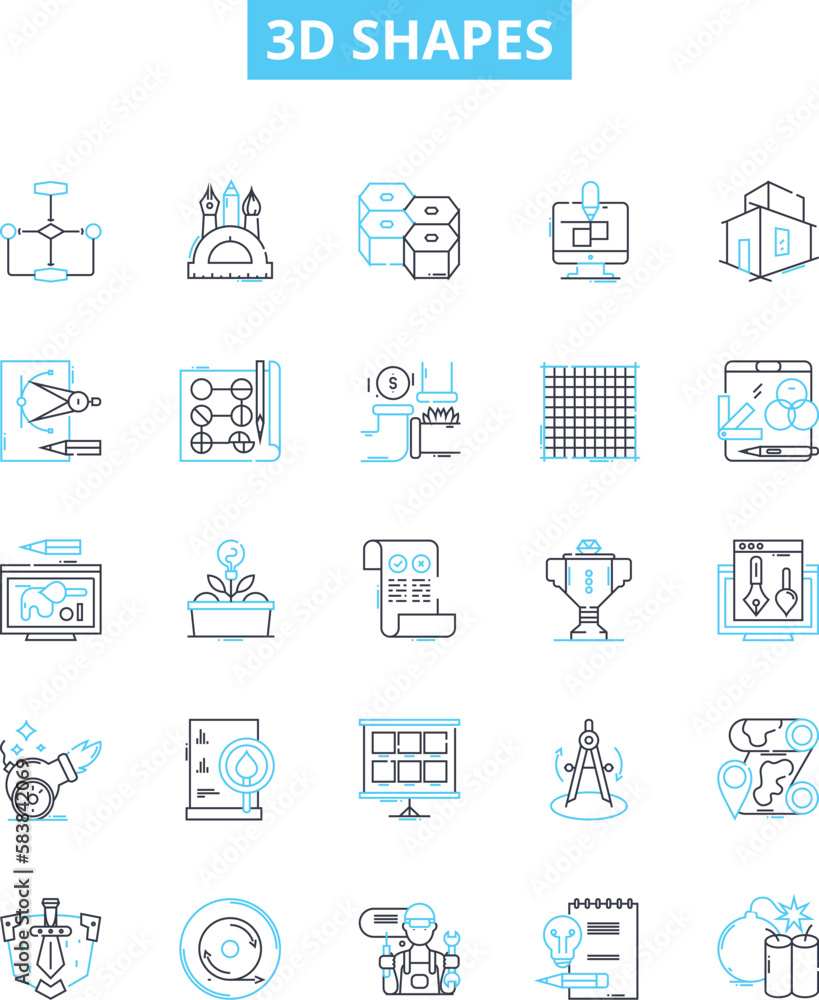 3d shapes vector line icons set. Polyhedron, cube, pyramid, cuboid ...