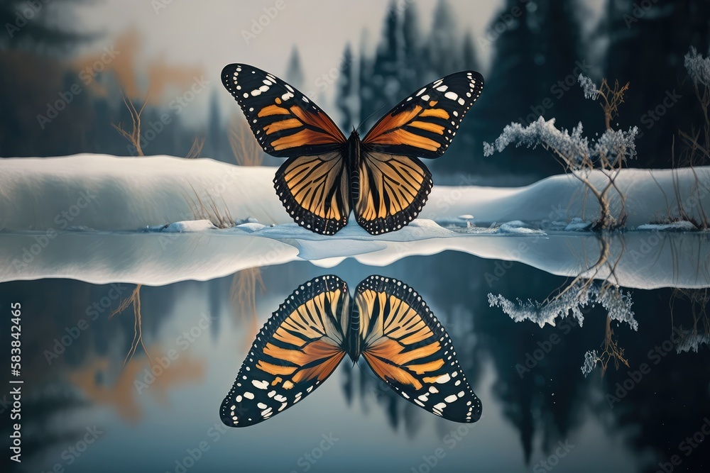 butterfly fluttering above frozen lake, with trees reflected in the ...