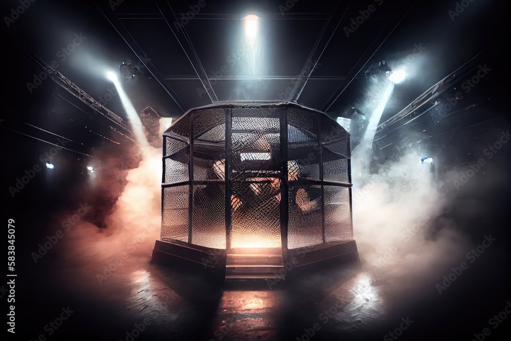 cage fight arena with smoke machines and strobe lights, creating a ...