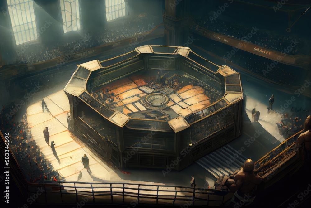 cage fight arena, with fighters in their corners on the verge of battle ...