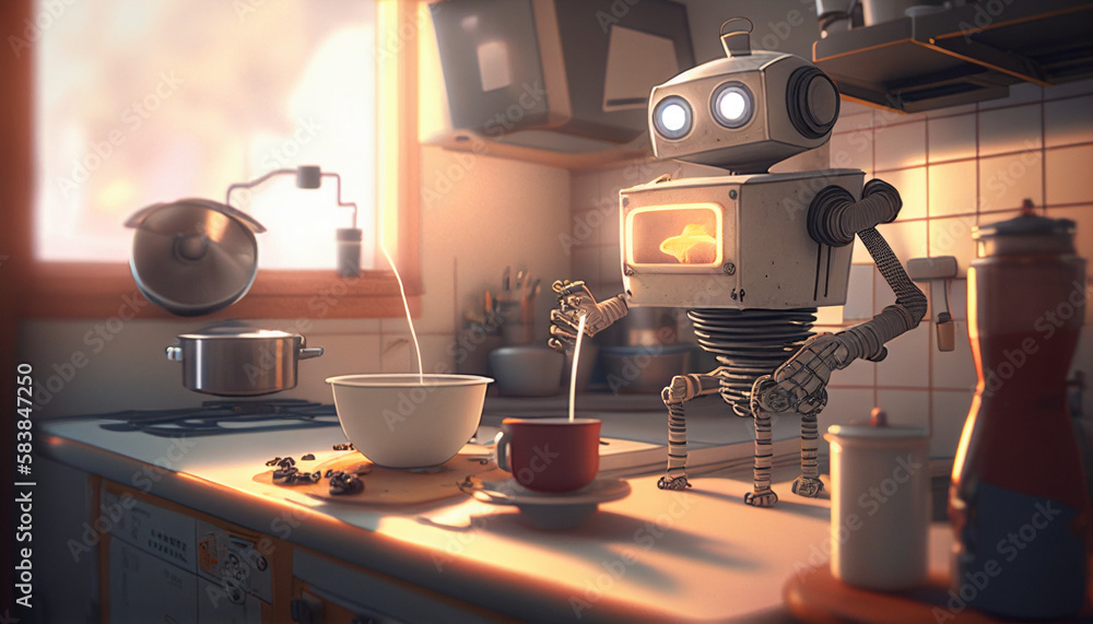 Cute robot cooking meal for breakfast of human family in the kitchen in ...