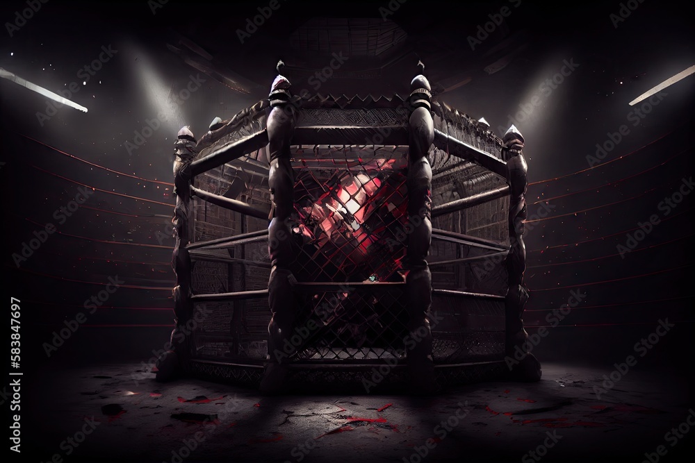 black cage fight arena surrounded by darkened hall, with only the light ...