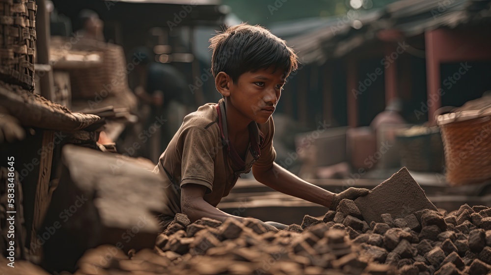 close up portrait of a poverty boy working as labor at construction ...